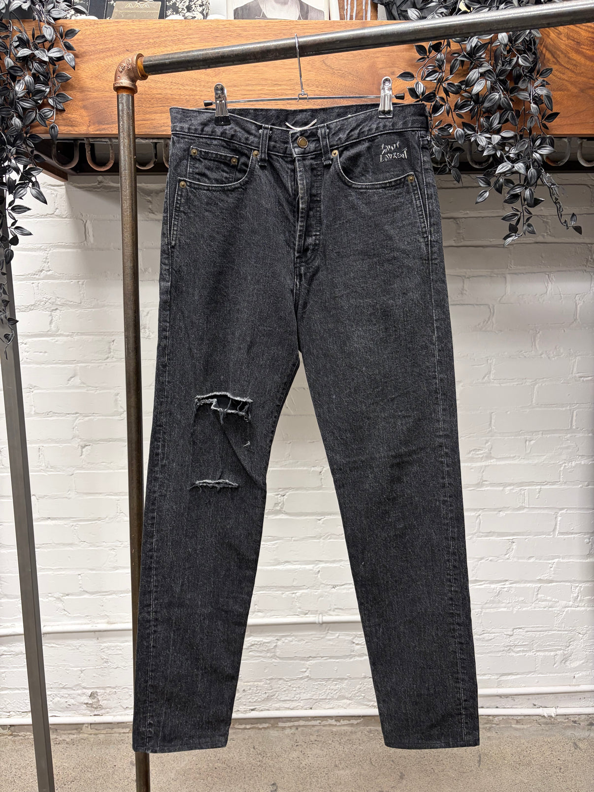 Saint Laurent Distressed ‘Pocket Logo’ D14 Washed Black Skinny Jeans ...